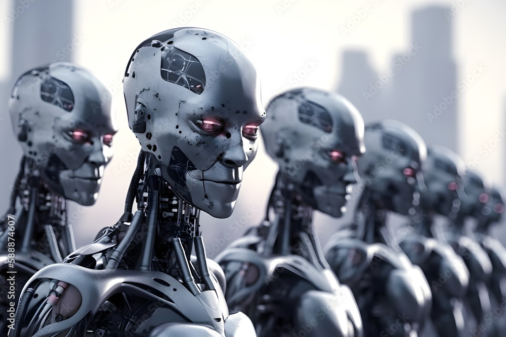 Group of evil, hostile metallic robots, concept of artificial intelligence control over human ...