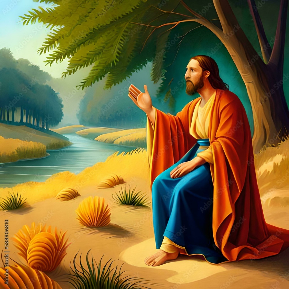 jesus Moses and the Burning Bush painting Stock Illustration | Adobe Stock