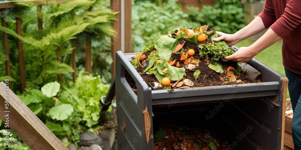 person composting food waste in backyard compost bin gardener, concept ...