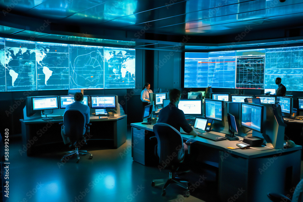 Data scientists collaborate in a futuristic control room filled with ...