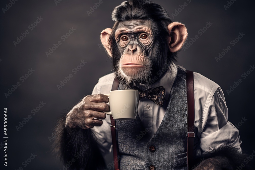 Studio portrait of a chimp dressed like a hipster barista, mug of ...