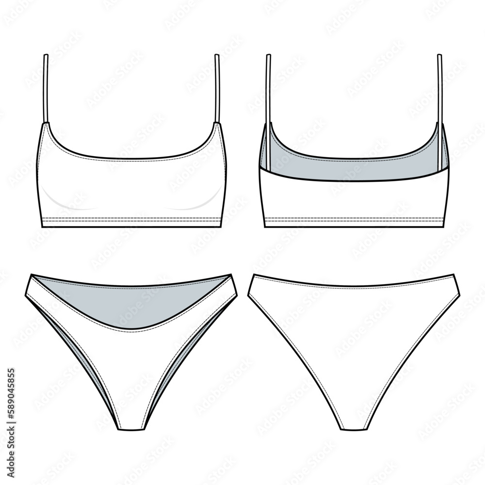 Two Piece Bathing Suit fashion technical drawing template. Sporty ...