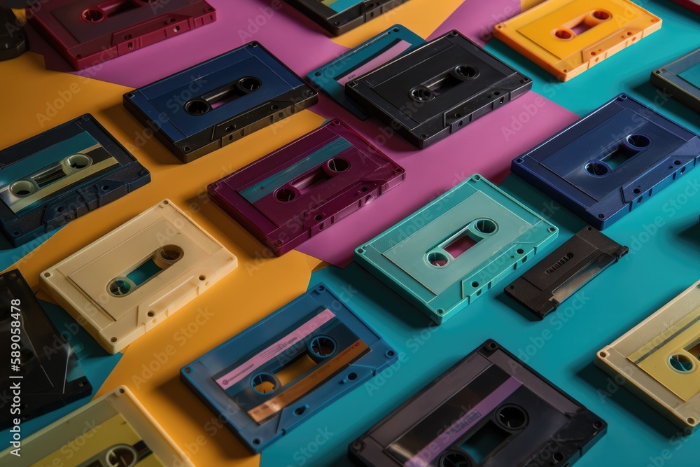 Retro Audio Cassette Tapes Background, Colorful Flat Lay Composition ...