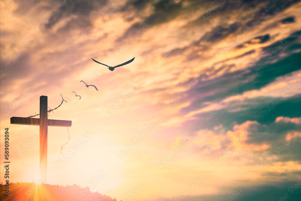 Cross of jesus christ break barrier wire on calvary sunset background ...