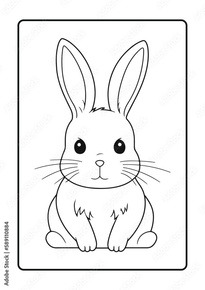 cute rabbit line art coloring page for kids, black outline on white ...