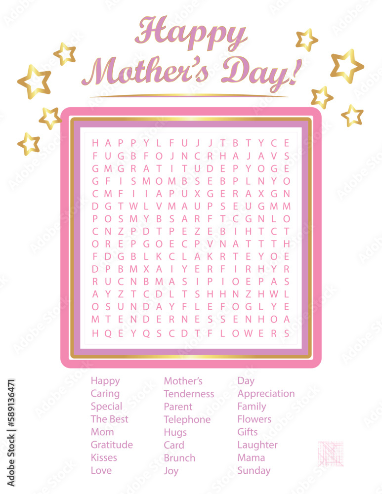 Happy Mother's Day Word Search Puzzle with Answer Key in Pink and Gold ...