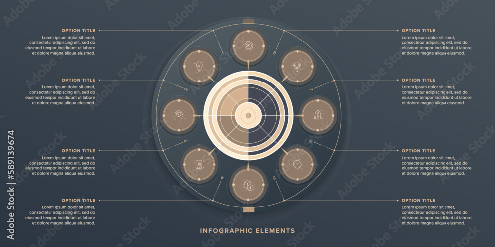 Business process chart infographics with 8 step circles. Round workflow graphic elements ...