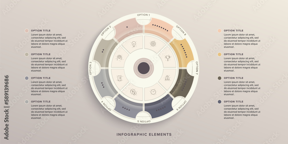 Stock-Vektorgrafik „Business process chart infographics with 8 step spheres. Round workflow ...