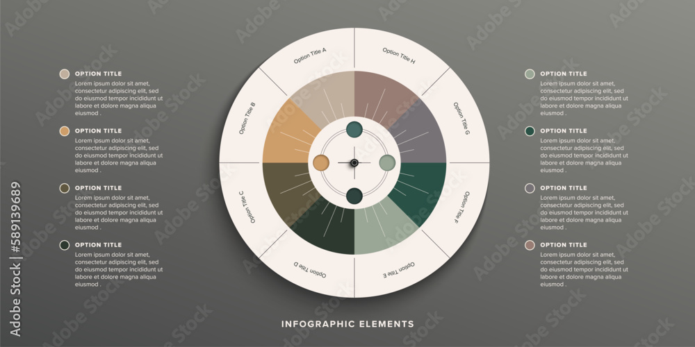 Business process chart infographics with 8 step circles. Round workflow graphic elements ...