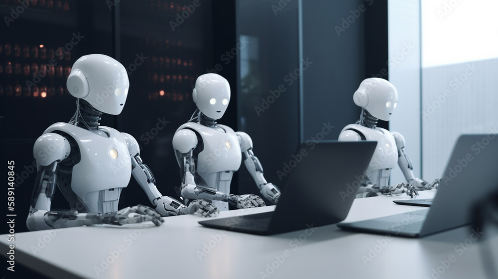 Humanoid cyborg robots working in office behind laptop, concept of ...
