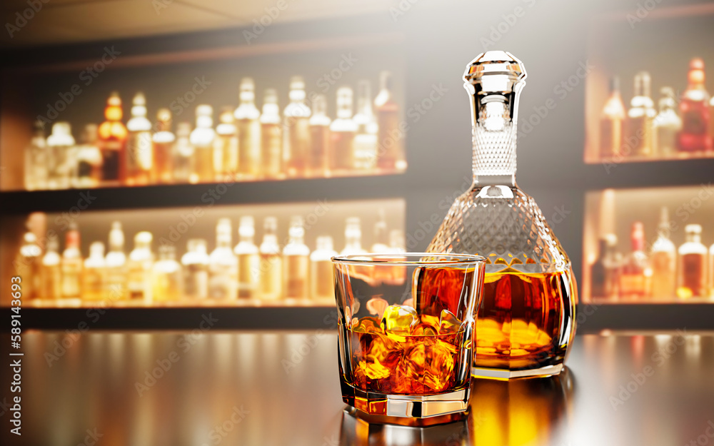 Whiskey or brandy, alcoholic beverages In transparent elegant bottle in ...