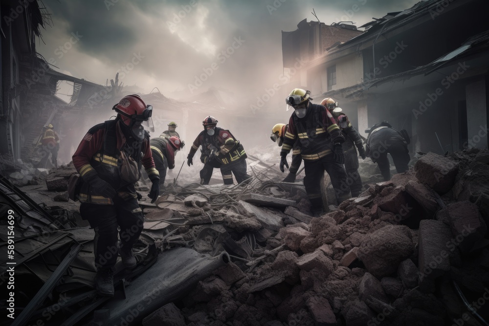 Firefighters Rescue Survivors from Rubble.Courageous firefighters work ...