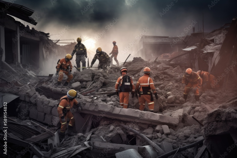Firefighters Rescue Survivors from Rubble.Courageous firefighters work ...