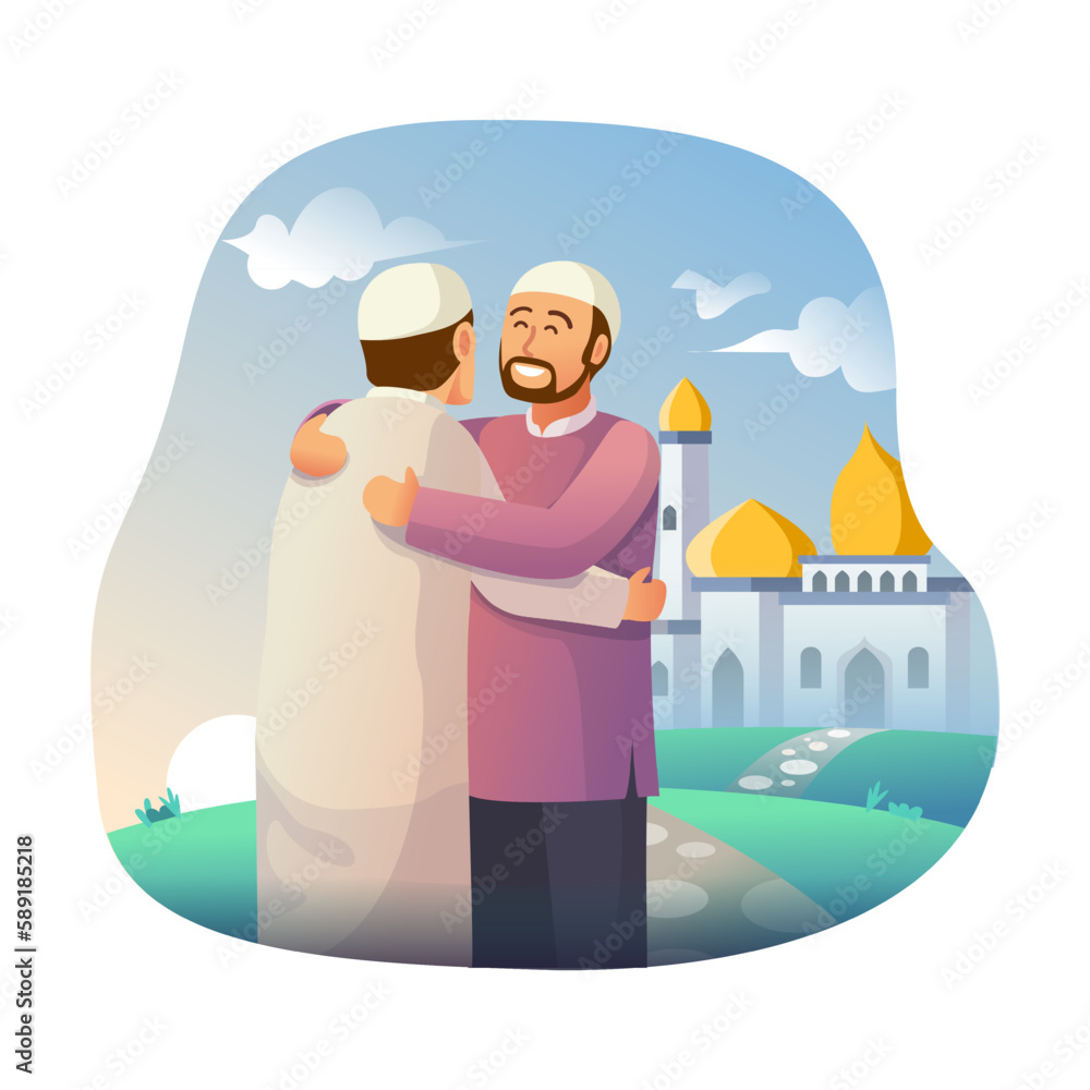 muslims hugging and wishing each other according to pray, eid al fitr ...