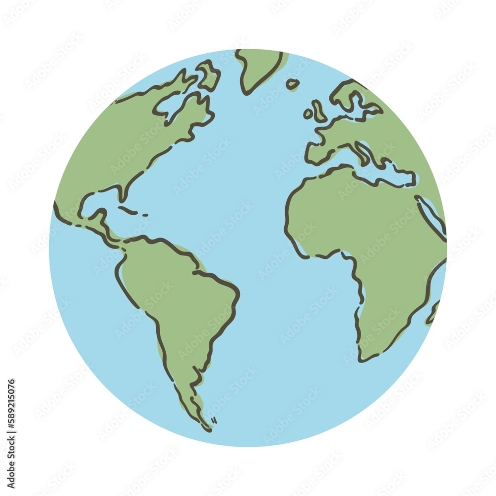 Globe world map. Planet earth flat vector illustration. Doodle map with ...