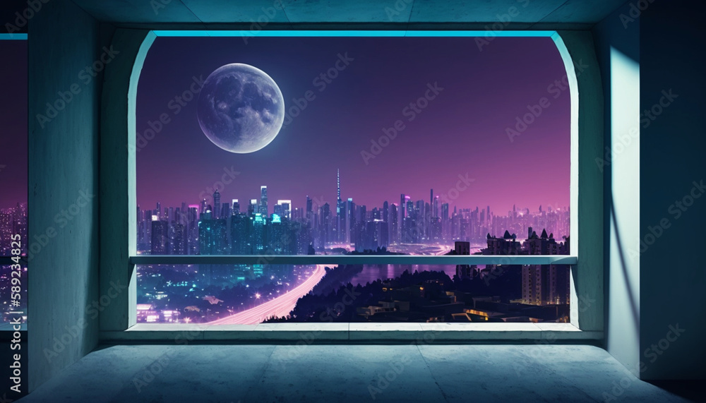 Interior empty room with night city skyline view from glass window ...