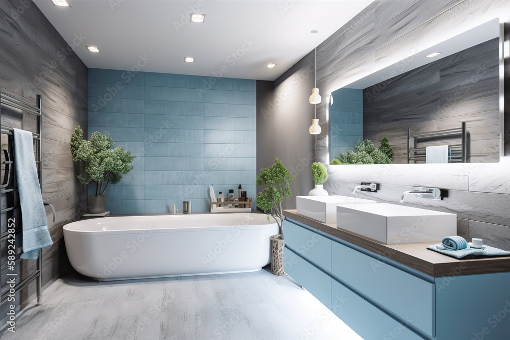 Designing a bathrom modern and sleek aesthetic,tiles,water, spa rary ...