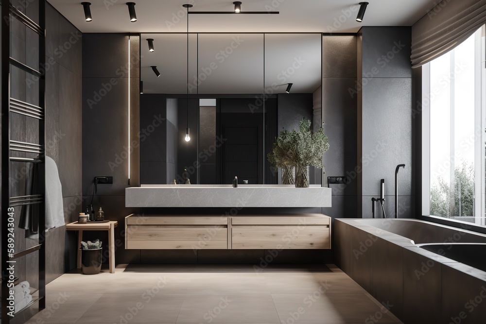 Designing a bathrom modern and sleek aesthetic,tiles,water, spa rary ...