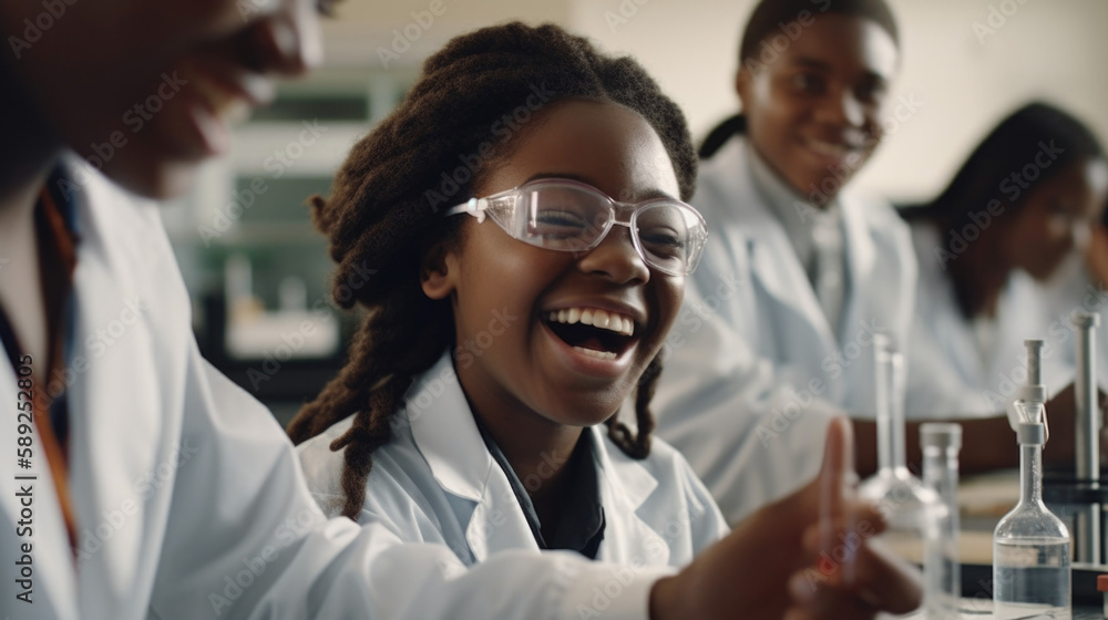 Excited Black Teenage Girl Conducting Science Experiment in High School ...