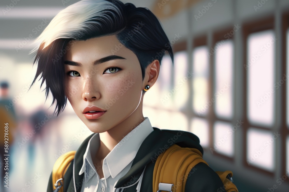 Fictional (AI) asian queer kid at school, portrait of japanese or ...