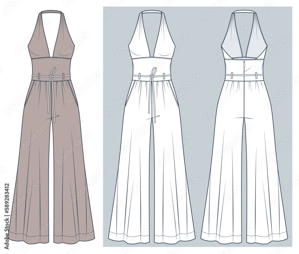 Palazzo Pants Jumpsuit technical fashion Illustration. Halter neck ...