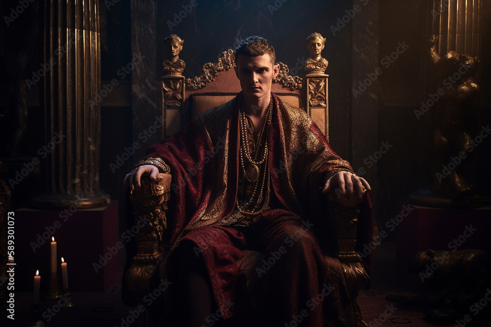 A roman emperor Caligula sits on a throne, surrounded by the symbols of ...