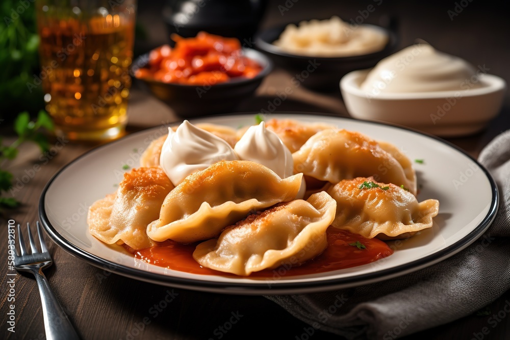 Gourmet food photography of traditional Polish dish known as Pierogi ...