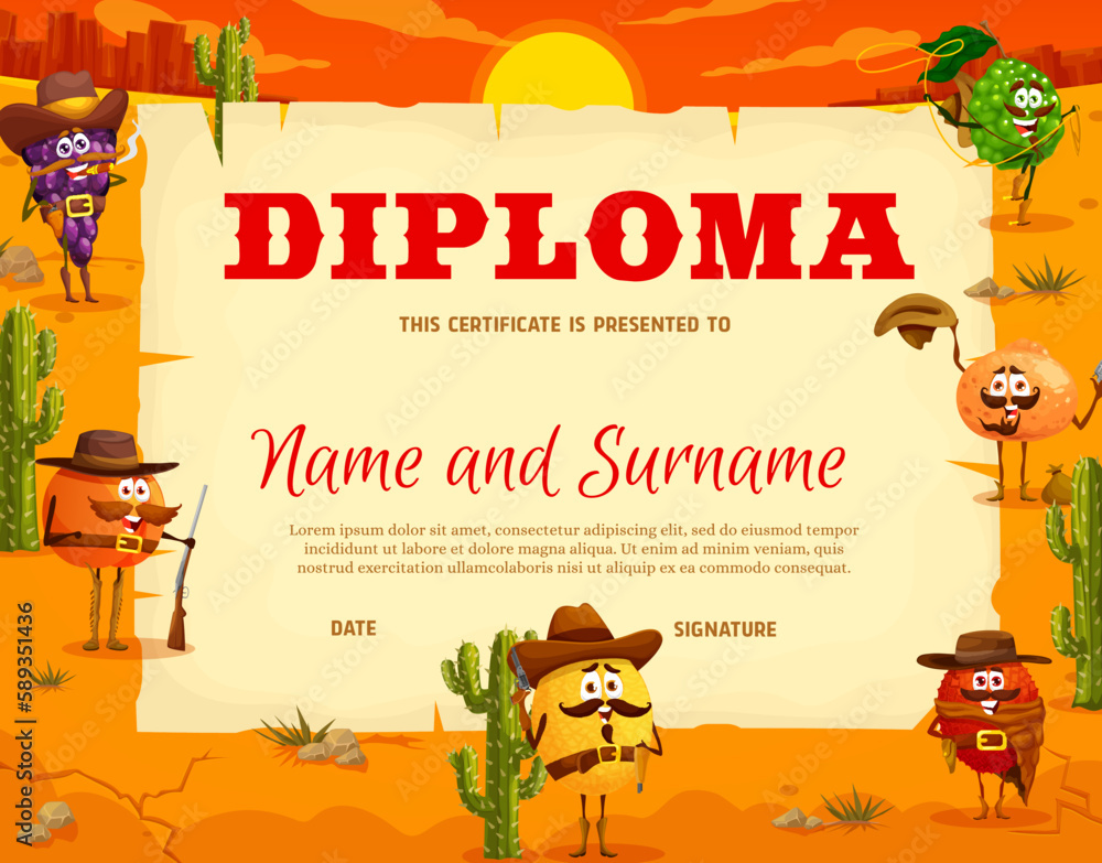 Vetor Western kids diploma, cartoon cowboy, sheriff, ranger and bandit ...