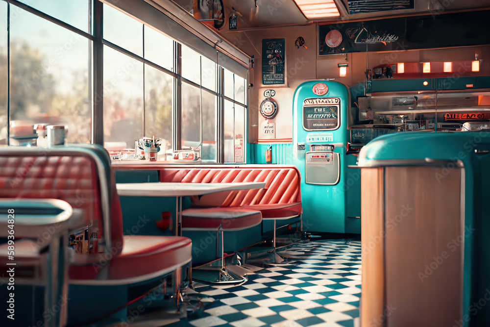 Ilustrace Classic American diner in vintage 50s style. Nostalgic ...
