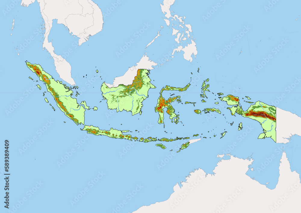 High detailed vector Indonesia physical map, topographic map of ...