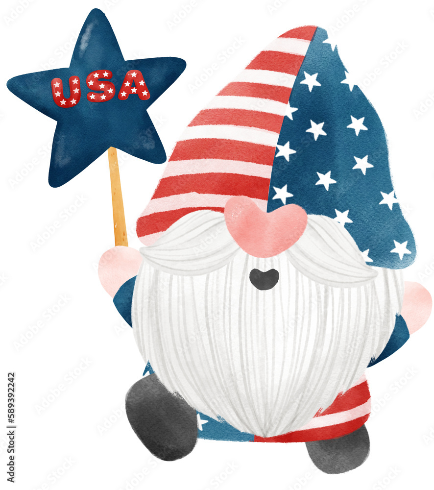 cute festive fun 4th of July Gnome watercolour celebrating America ...