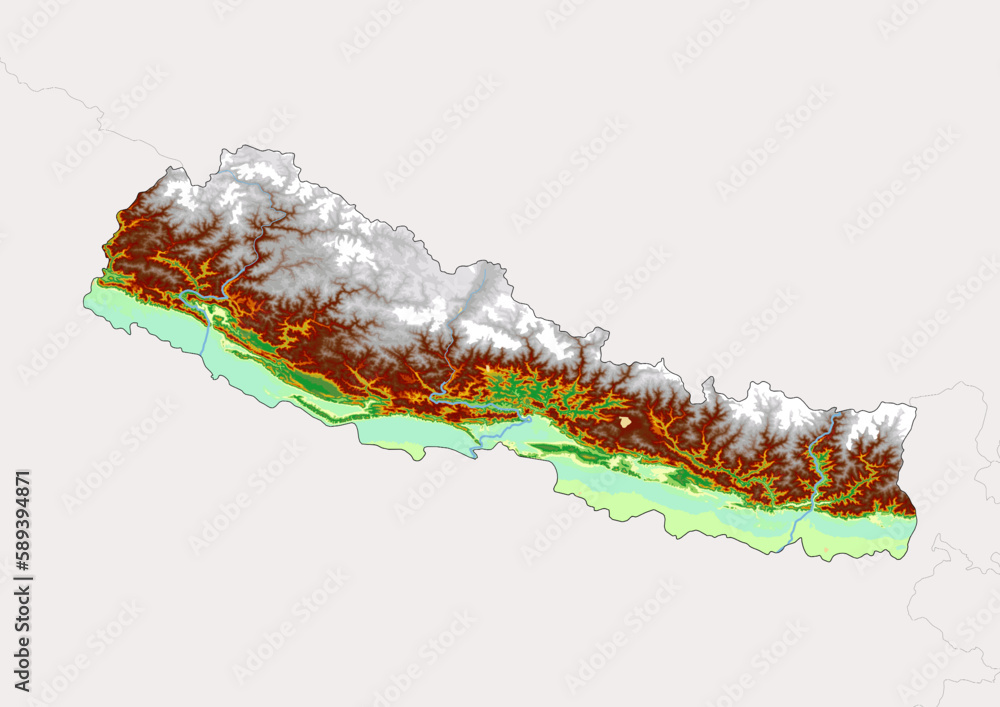 High detailed vector Nepal physical map, topographic map of Nepal on ...