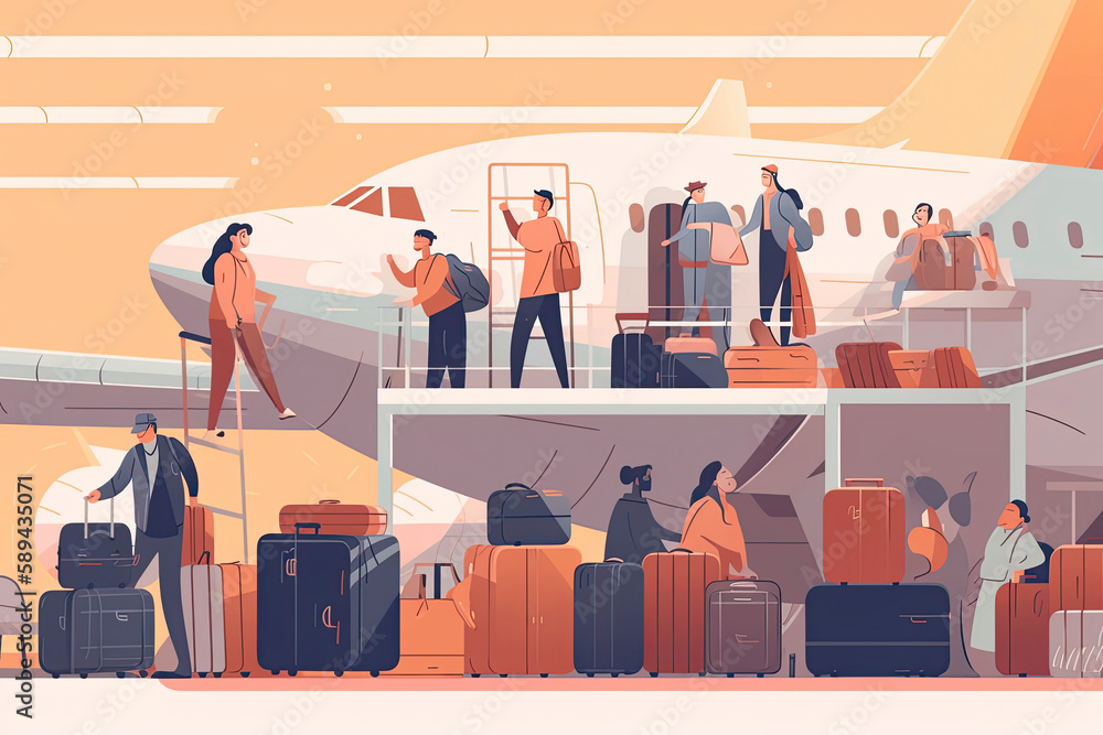 Passenger placing hand luggage, bag on overhead bin in airplane. Angry ...