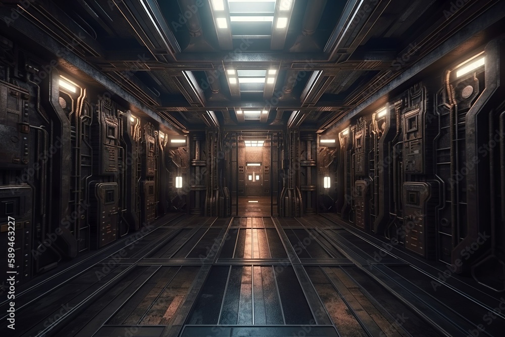 Futuristic dark sci-fi spaceship corridors and interior with led lamps and metallic ceilings and ...