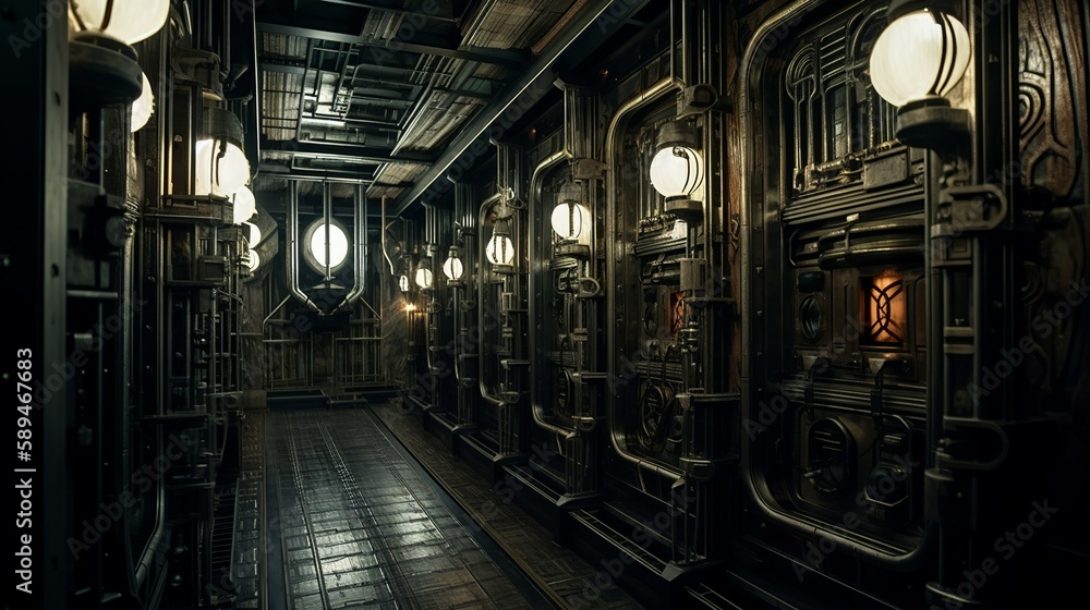 Dark sci-fi corridors in huge futuristic space station interior corners ...