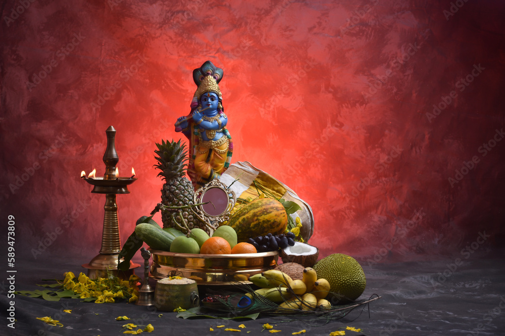 Creative background for Hindu festival Vishu, Vishu kani and Konna poovu in Gods own country ...