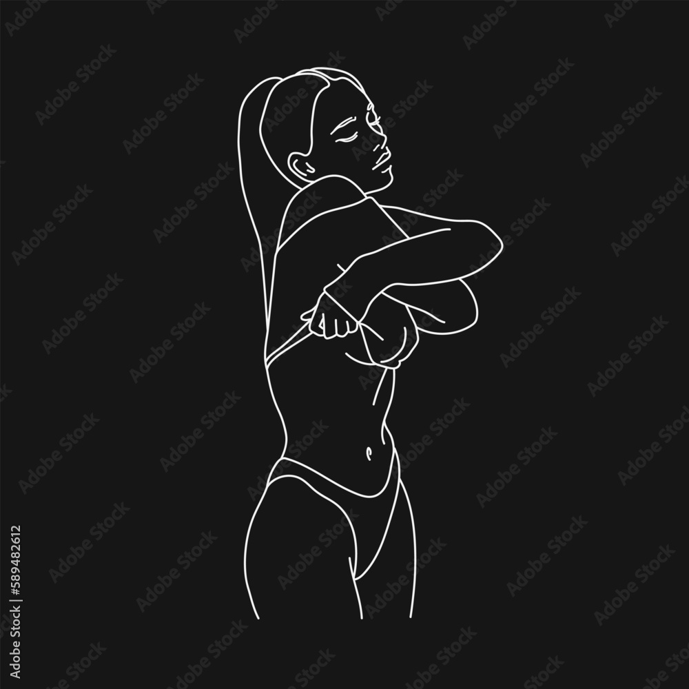 Contour girl takes off her clothes in line art style on a black background. Fashion model design ...