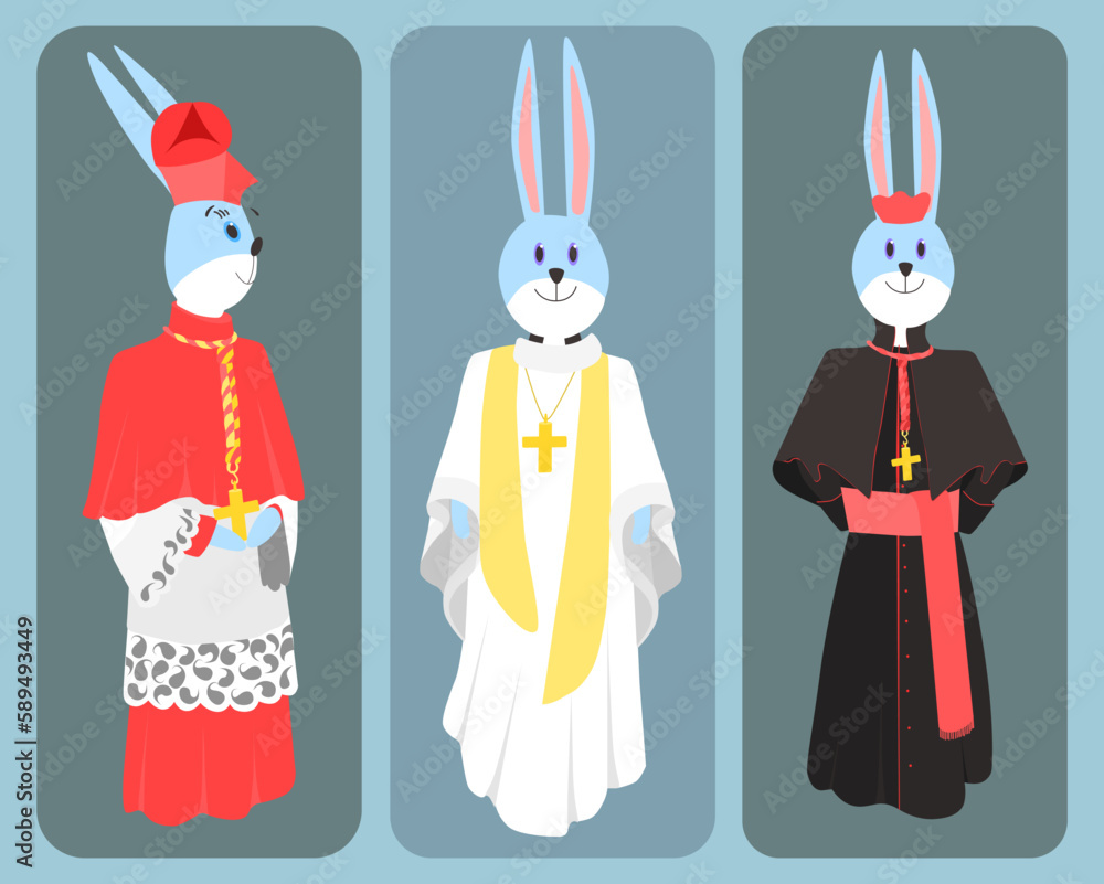 set of three types of catalic priest on a plain background with the ...