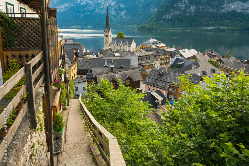 Elevated view of Hallstatt city center dominated by Evangelisches ...