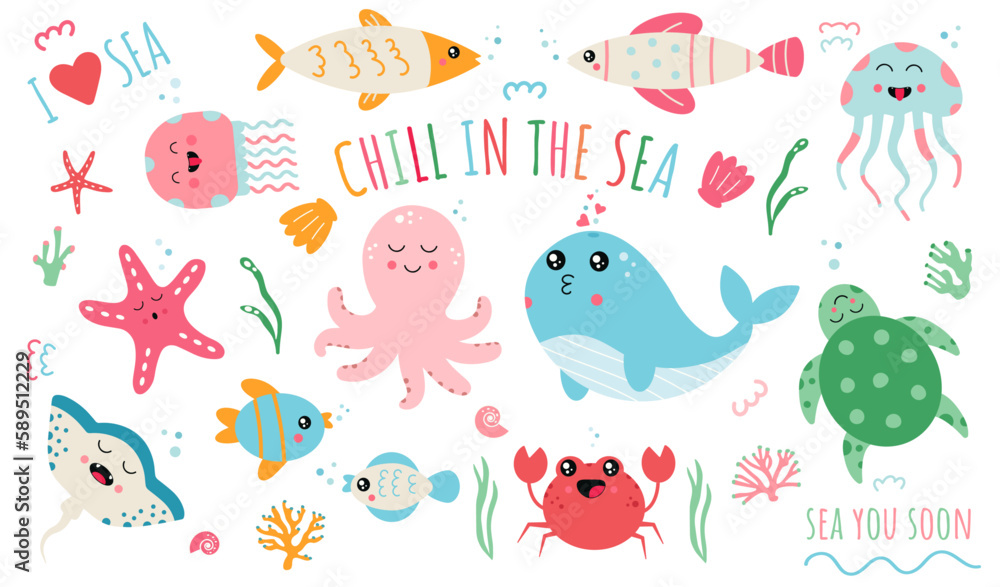 Flat cartoon illustration sea world, octopus, whale, fish, turtle ...