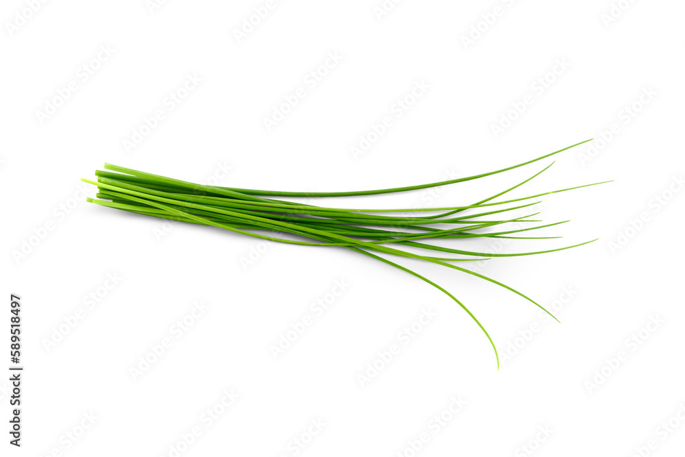 Fresh organic green chives, raw aromatic garden herbs Isolated against ...