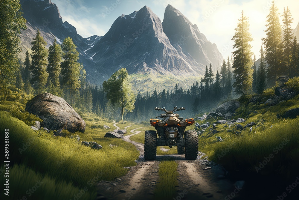 atv winding through the forest, with a picturesque mountain in the ...