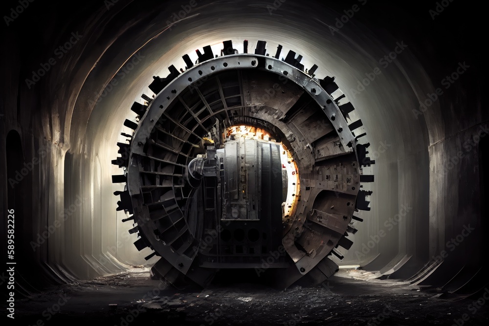 Ilustração tunnel boring machine working its way through dark and ...