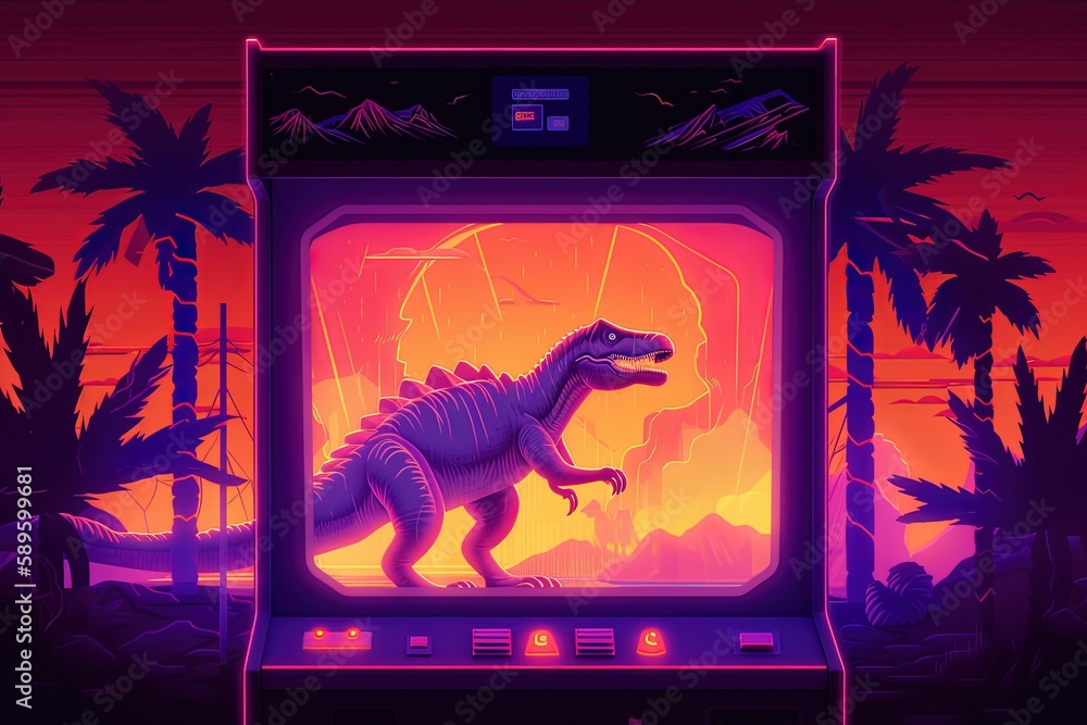 Dinosaur illustration on the screen of an arcade machine, retro 80's ...