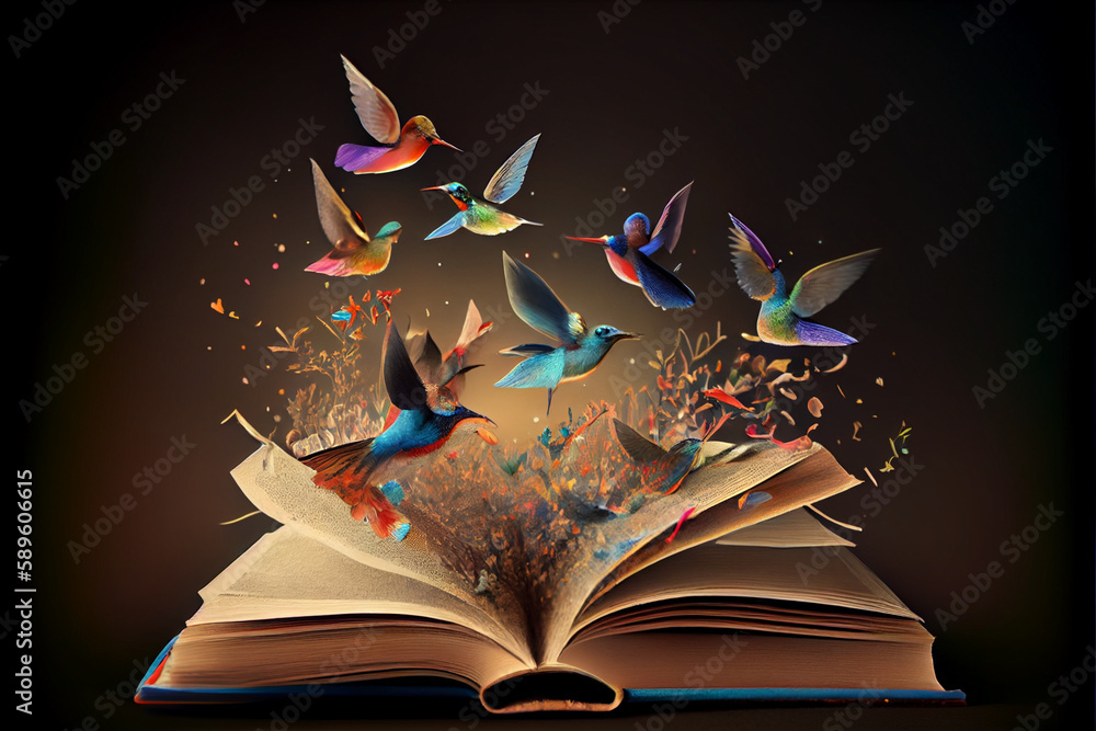 Abstract illustration, a flock of hummingbird birds flies out of an ...