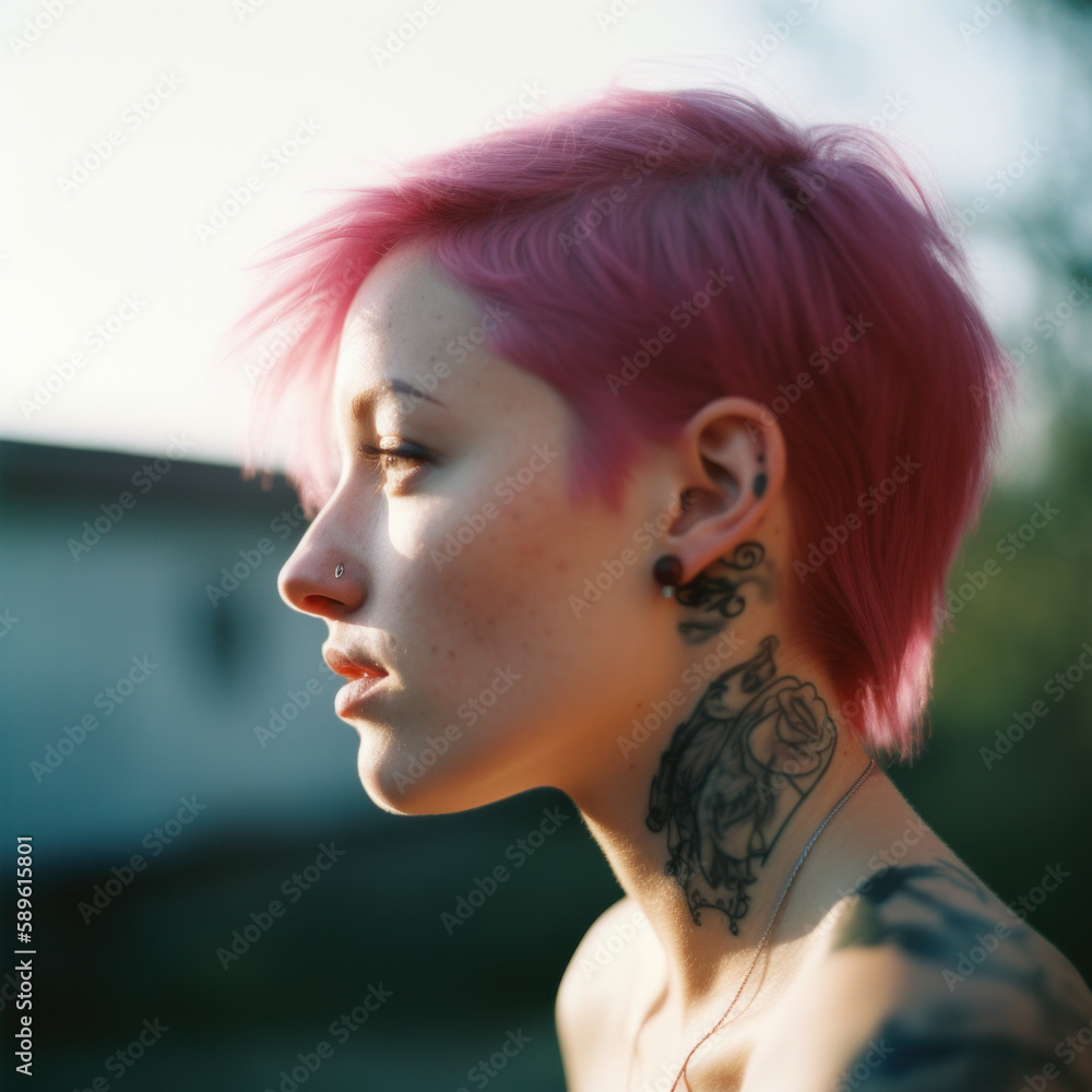 Portrait of girl with pink hair with neck tattoo seen from sideways ...