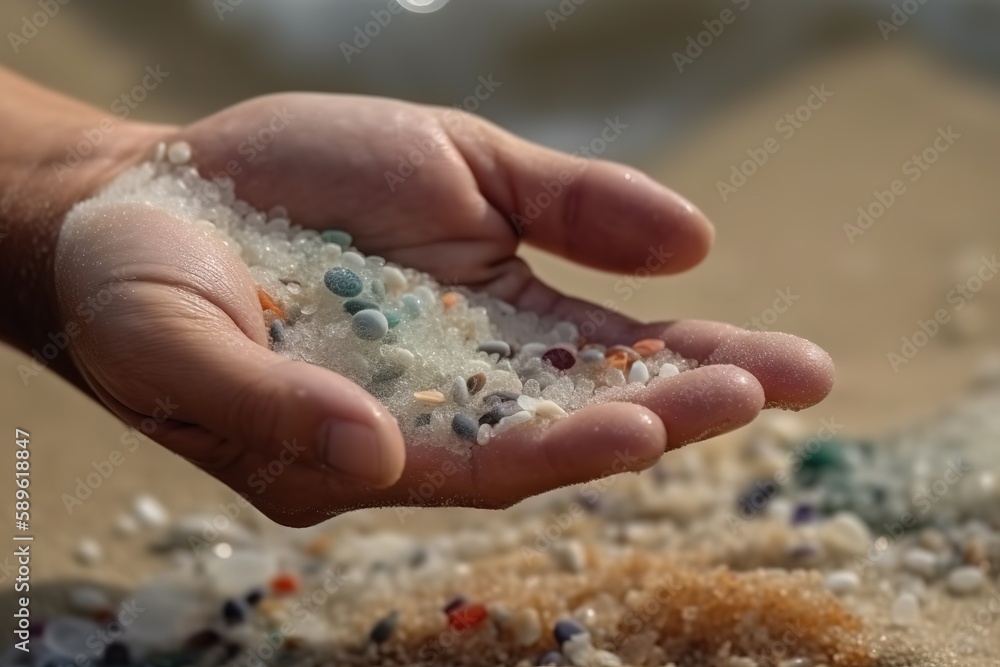 Close - up side shot of hands shows microplastic waste contaminated ...