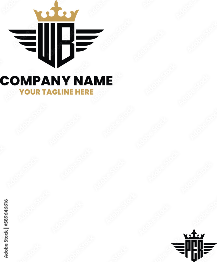 WB initial letter with wing, crown logo, luxury logo,luxury shield ...