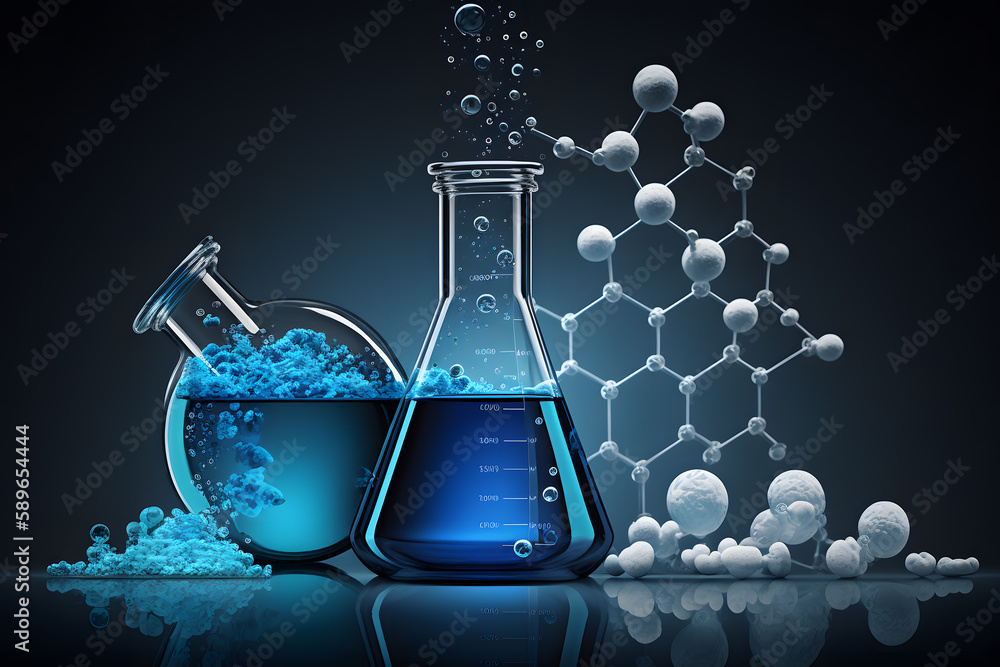 beaker and flask in science laboratory with chemical structure blue ...