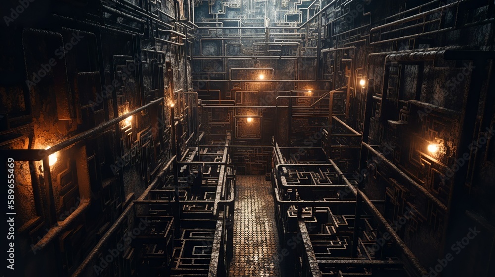 Dark dieselpunk maze wall texture with pipes and cables interior design ...